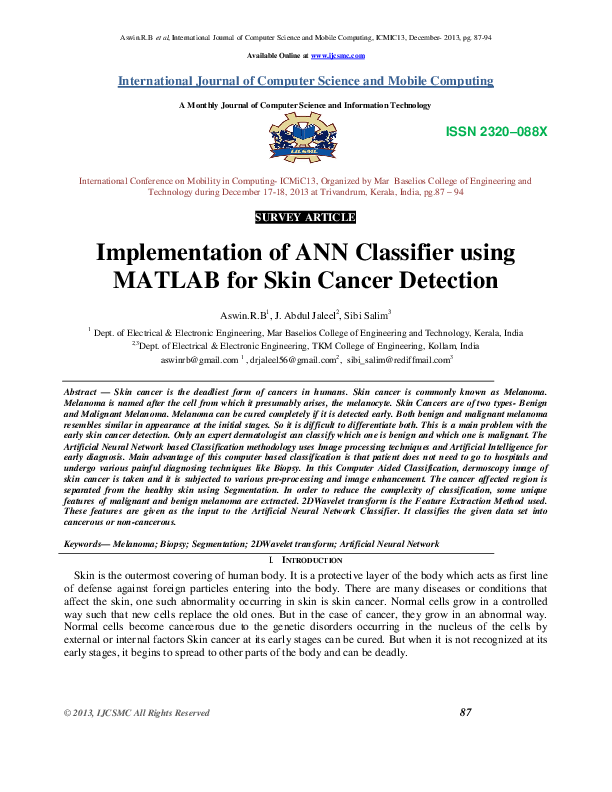 Pdf Implementation Of Ann Classifier Using Matlab For Skin Cancer Detection