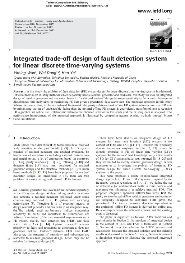 Pdf Integrated Trade Off Design Of Fault Detection System For Linear Discrete Time Varying Systems