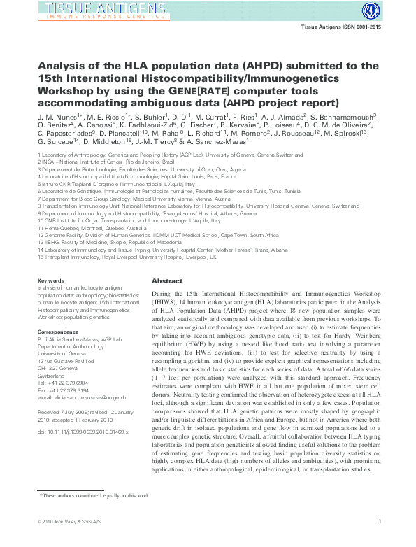(PDF) Analysis of the HLA population data (AHPD) submitted to the 15th ...