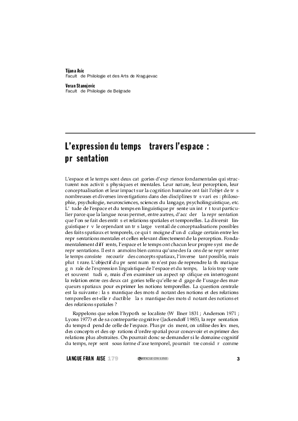 (PDF) L'expression du temps à travers l'espace: présentation (n. 179 de ...