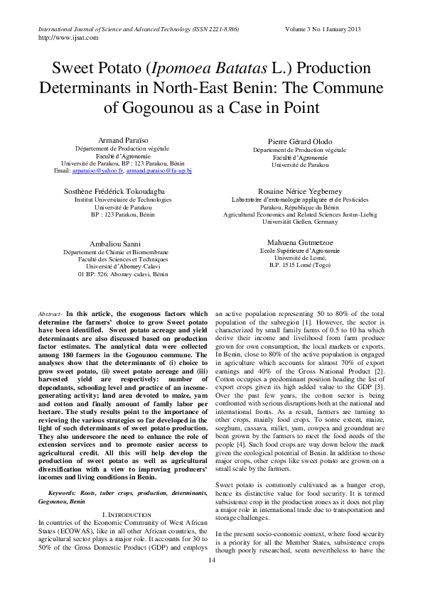 (PDF) Sweet Potato (Ipomoea Batatas L.) Production Determinants in North-East Benin: The Commune ...