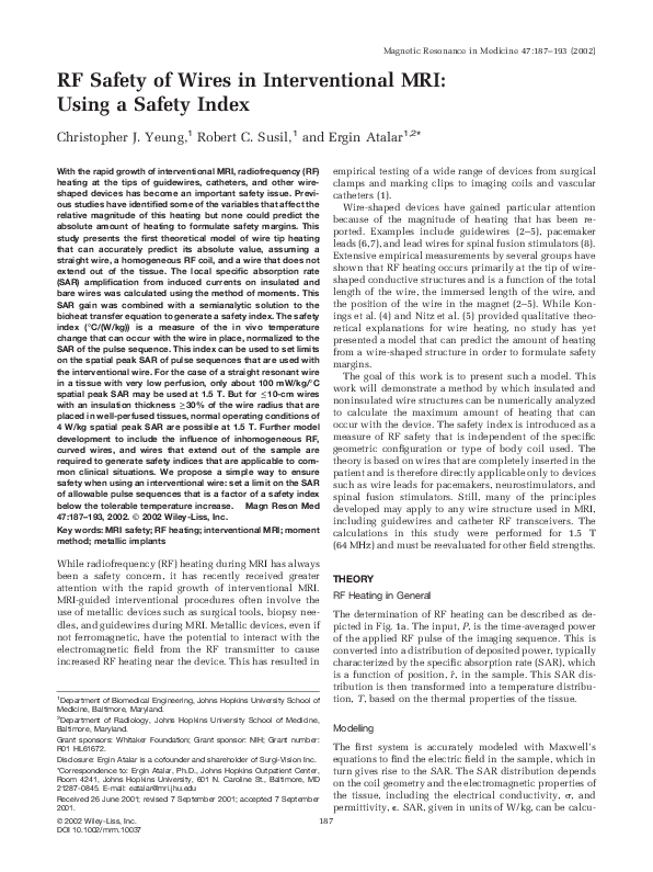 (PDF) RF safety of wires in interventional MRI: Using a safety index