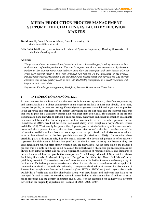 (PDF) MEDIA PRODUCTION PROCESS MANAGEMENT SUPPORT: THE CHALLENGES FACED ...