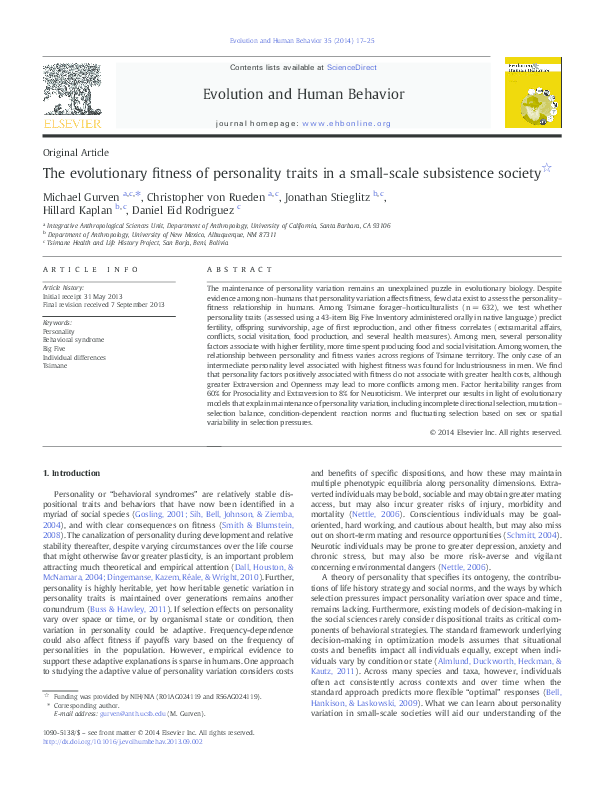 PDF Evolutionary Fitness Of Personality In A Small scale Society pdf-evolutionary-fitness-of-personality-in-a-small-scale-society