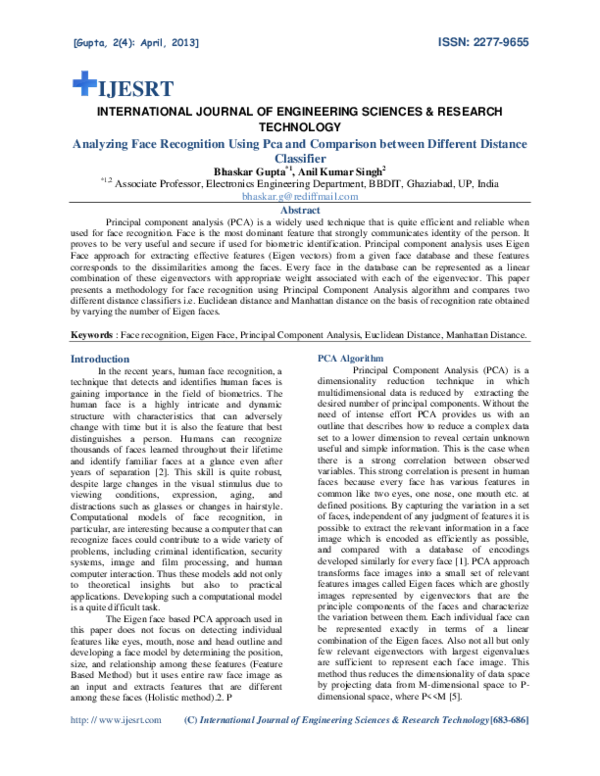 Pdf Analyzing Face Recognition Using Pca And Comparison Between Different Distance Classifier