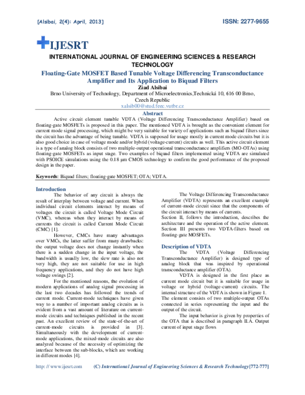 Pdf Floating Gate Mosfet Based Tunable Voltage Differencing