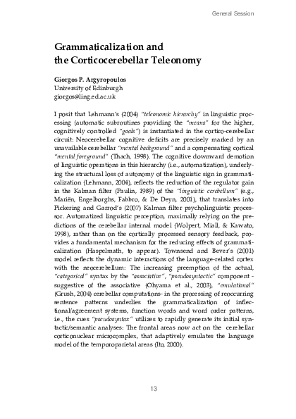 (PDF) Grammaticalization and the Corticocerebellar Teleonomy