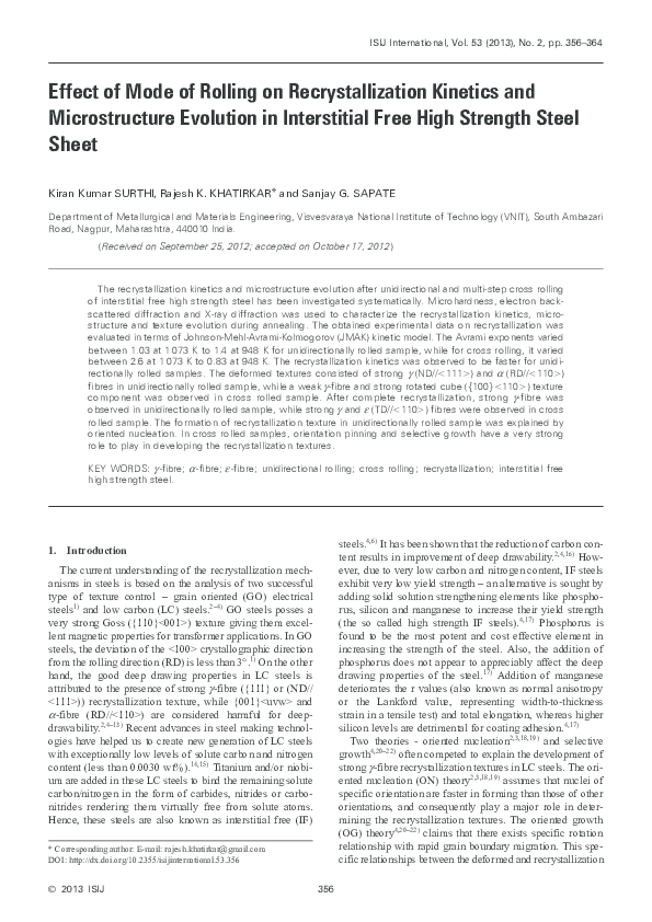 Pdf Effect Of Mode Of Rolling On Crystallization Kinetics And Micro Structural Evolution In