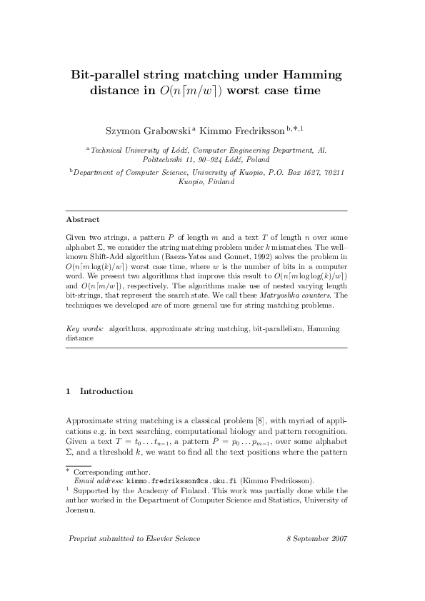 (PDF) Bit-parallel string matching under Hamming distance in O(n[m/w]) worst case time