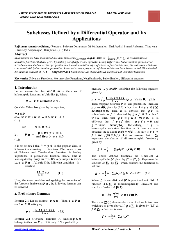 Pdf Subclasses Defined By A Differential Operatorand Its Applications