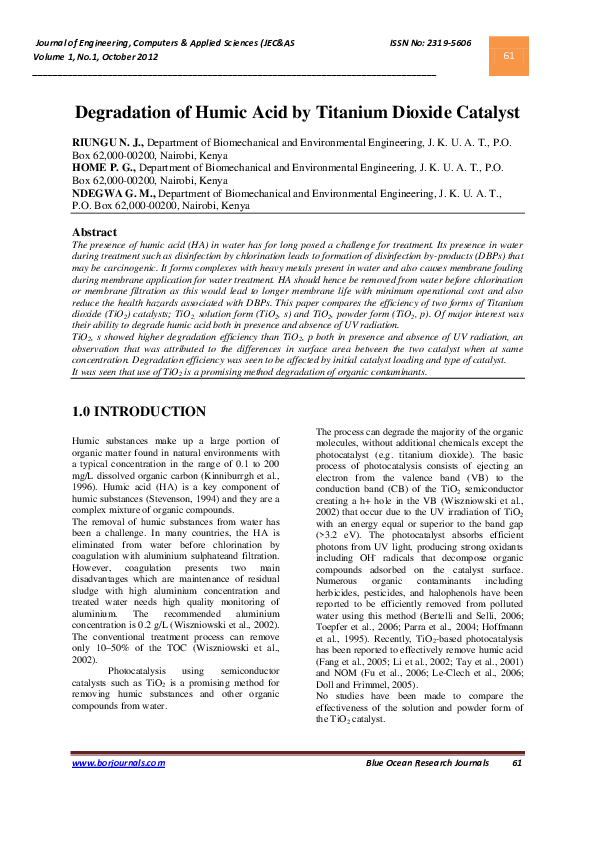 (PDF) Degradation of Humic Acid by Titanium Dioxide Catalyst