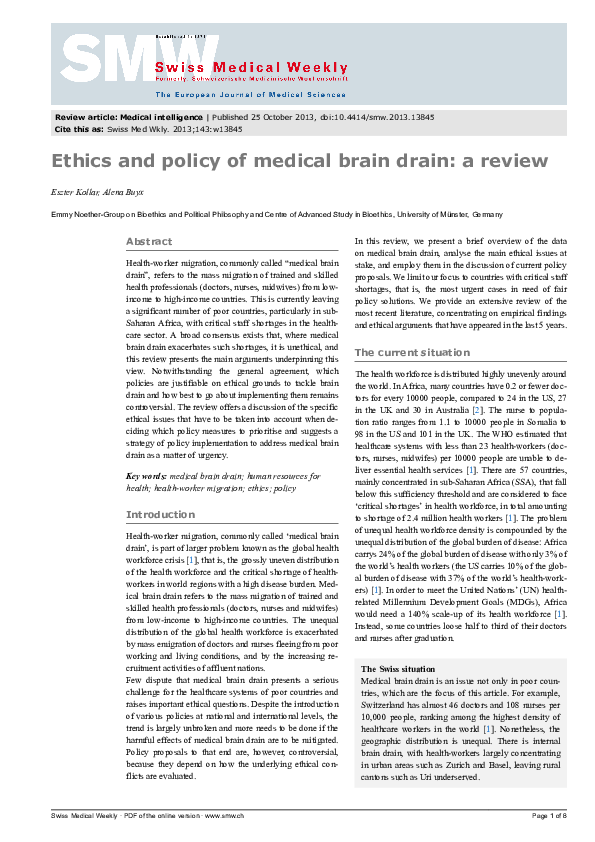 (PDF) Ethics and Policy of Medical Brain Drain: A Review, Swiss Medical ...