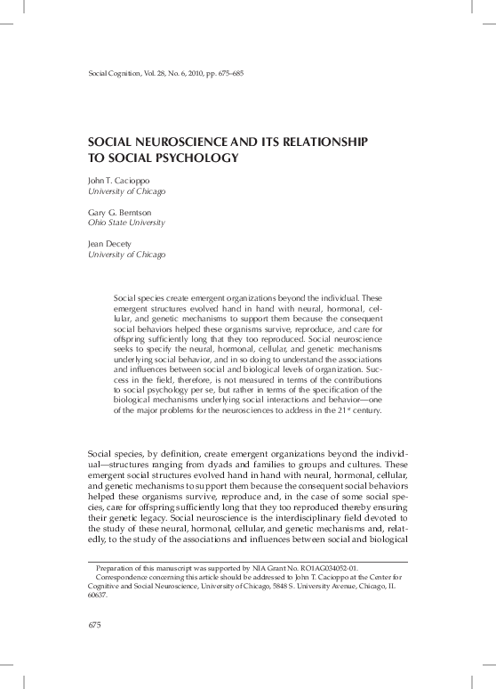 (PDF) Social neuroscience and its relation to social psychology