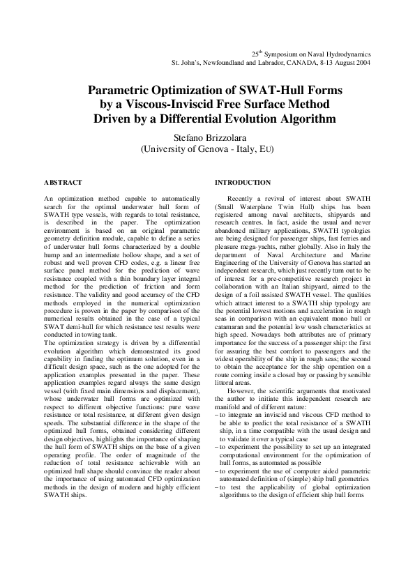 (PDF) Parametric Optimization of SWAT-Hull Forms by a Viscous-Inviscid Free Surface Method ...