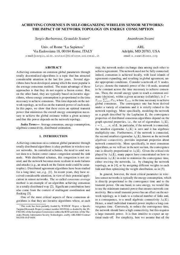 Pdf Achieving Consensus In Self Organizing Wireless Sensor Networks The Impact Of Network