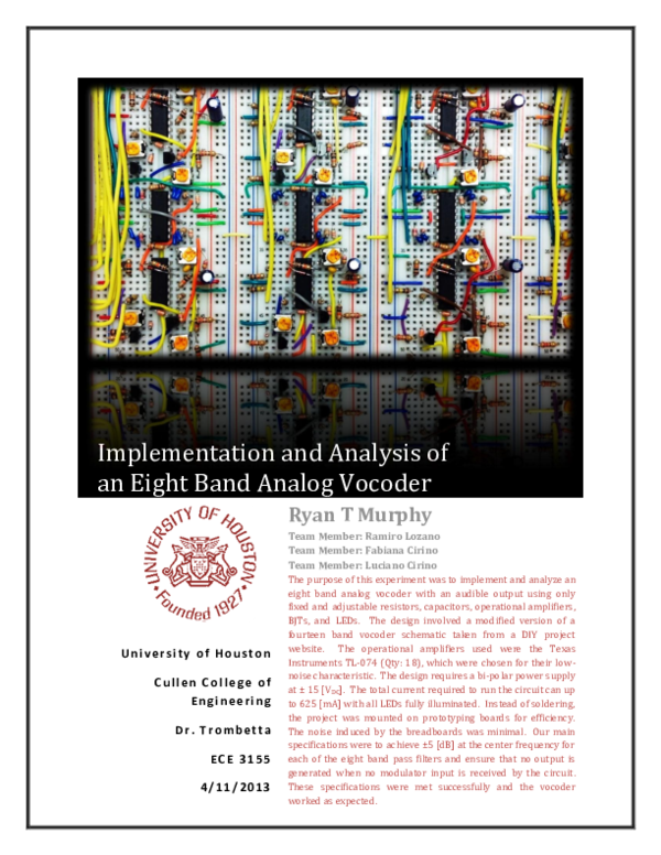 (DOC) Implementation and Analysis of an Eight-Band Analog Vocoder