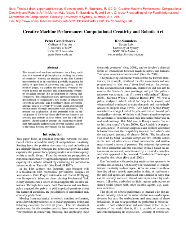 (PDF) Creative Machine Performance: Computational Creativity and Robotic Art