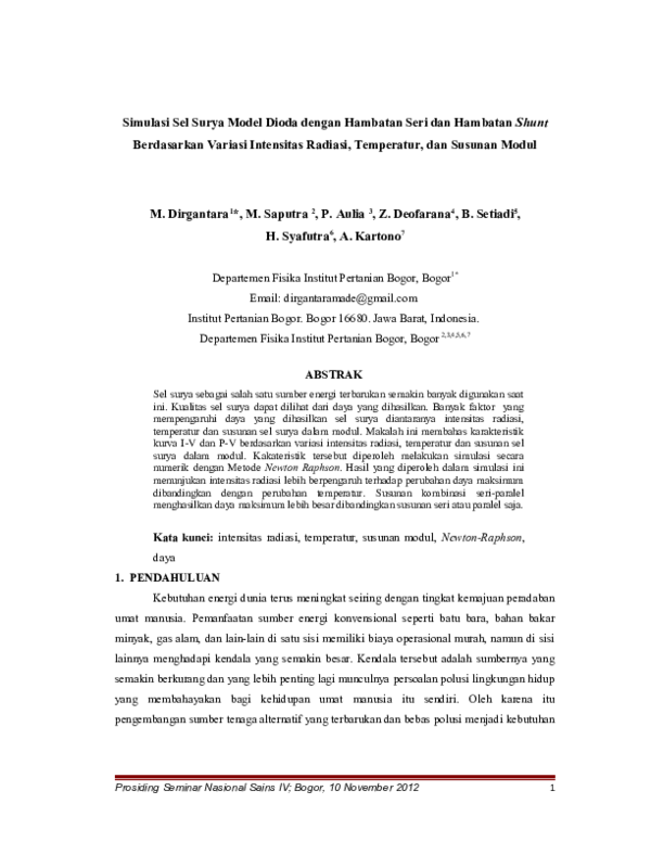 (DOC) Simulasi Sel Surya Model Dioda dengan Hambatan Seri dan Hambatan Shunt Berdasarkan Variasi ...