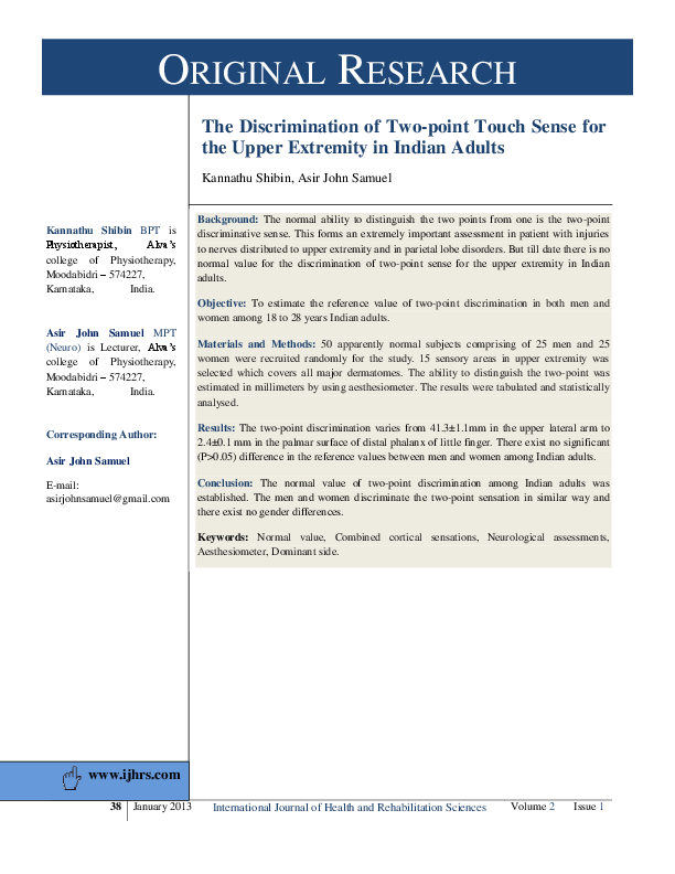 (PDF) The Discrimination of Two-point Touch Sense for the Upper ...