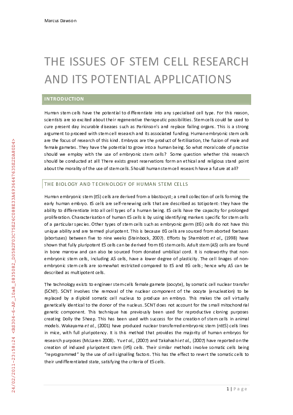 (PDF) The Issues of Stem Cell Research and Its Application