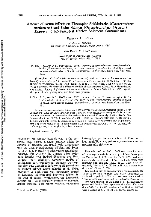 (PDF) Effects of Resuspended Harbor Sediments on Three-Spine Sticklebacks