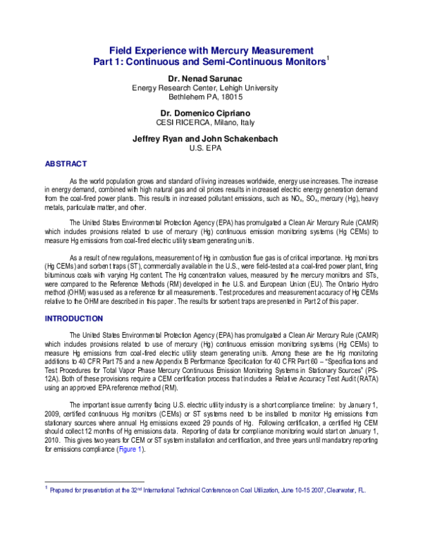 Pdf Field Experience With Mercury Measurement Part 1 Continuous And