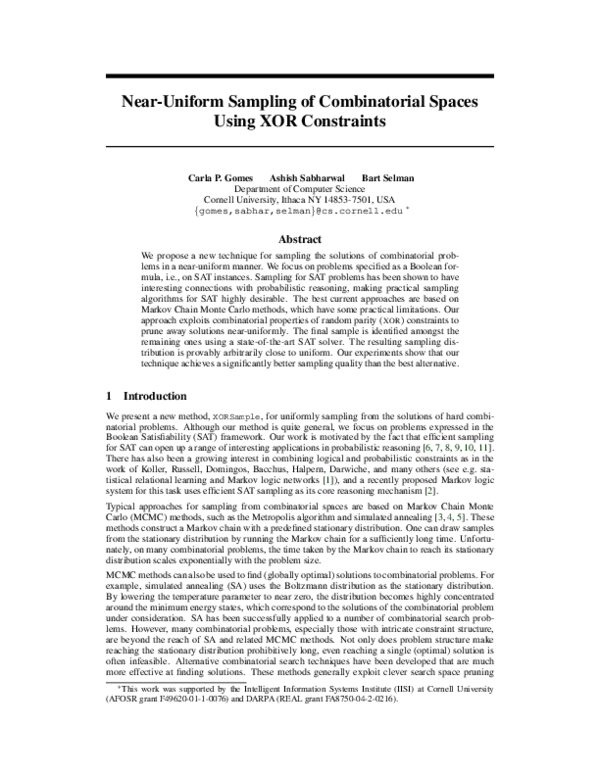 Pdf Near Uniform Sampling Of Combinatorial Spaces Using Xor Constraints