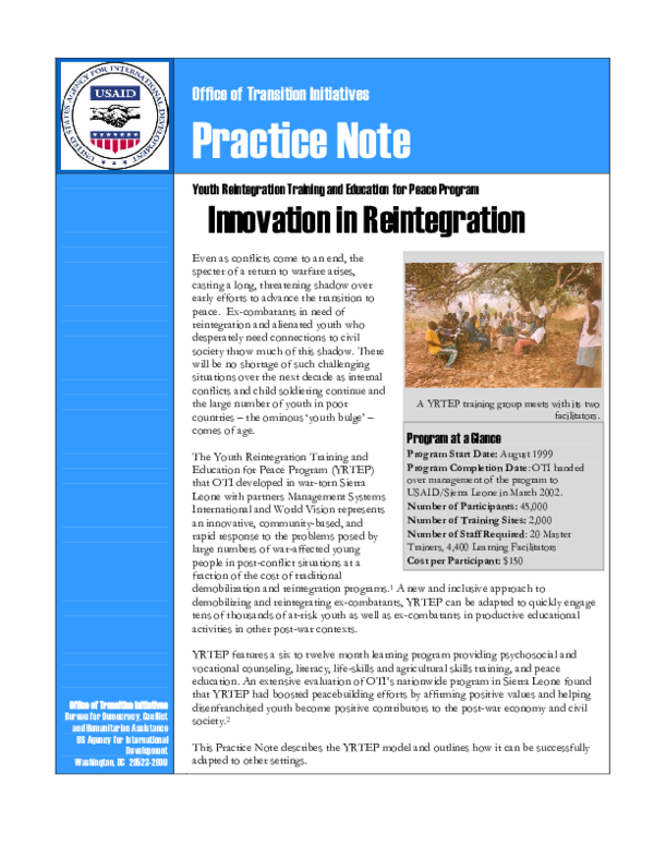 (PDF) Innovation in Reintegration: Youth Reintegration Training and ...