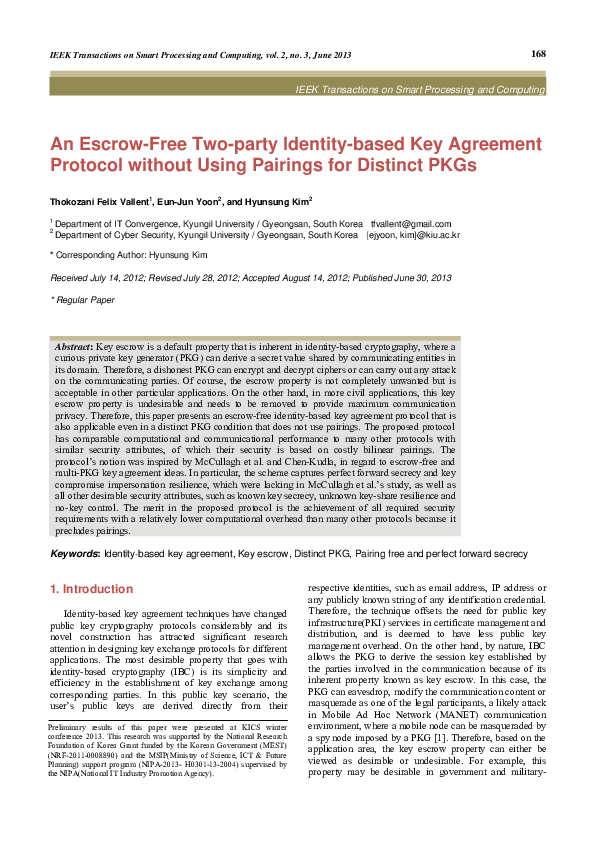 (PDF) An Escrow-Free Two-party Identity-based Key Agreement Protocol without Using Pairings for ...
