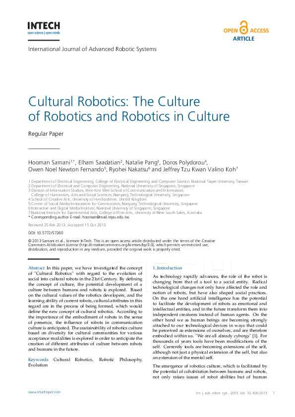 (PDF) Cultural Robotics: The Culture of Robotics and Robotics in Culture