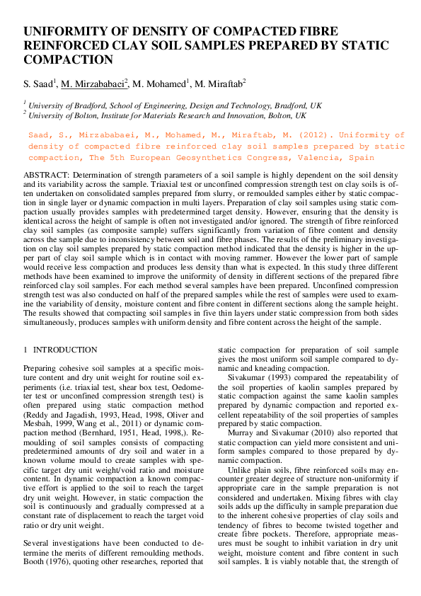 UNIFORMITY OF DENSITY OF COMPACTED FIBRE REINFORCED CLAY SOIL SAMPLES ...