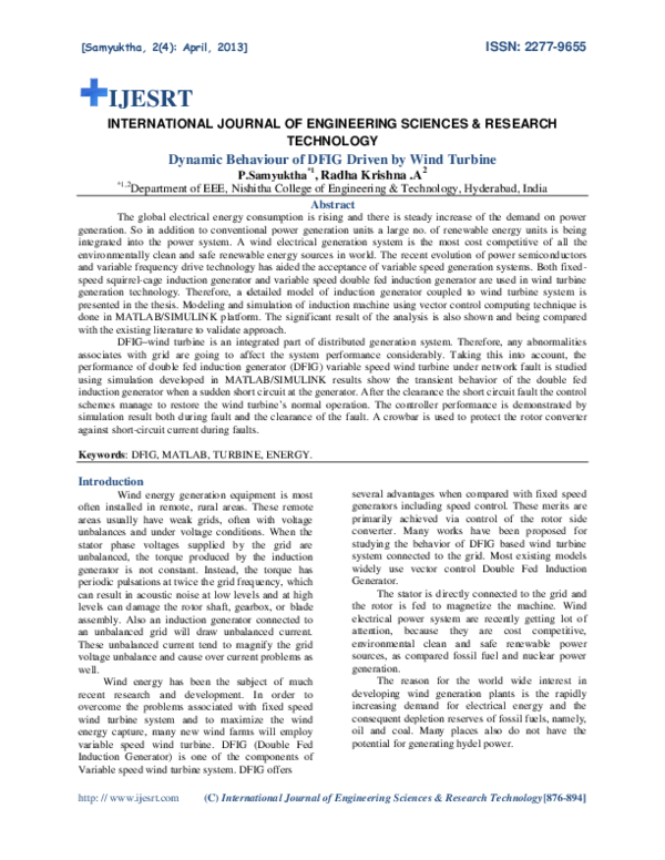 Pdf Dynamic Behaviour Of Dfig Driven By Wind Turbine