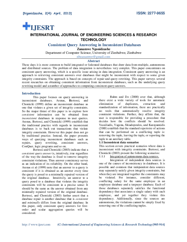 (PDF) Consistent Query Answering in Inconsistent Databases.