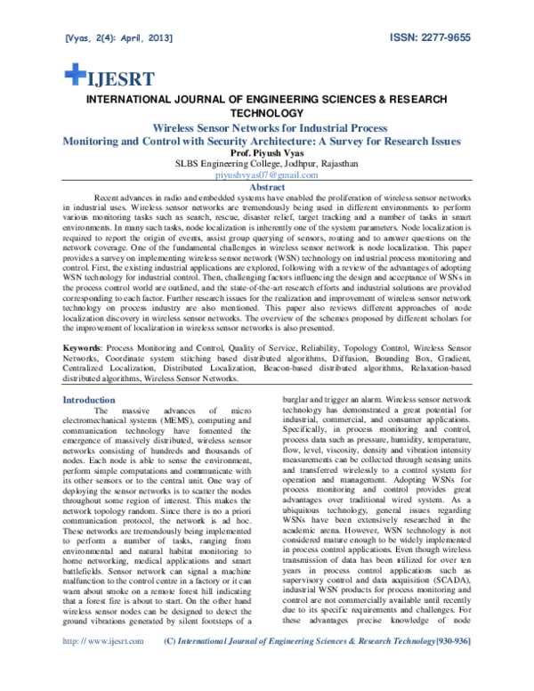 Pdf Wireless Sensor Networks For Industrial Process Monitoring And Control With Security