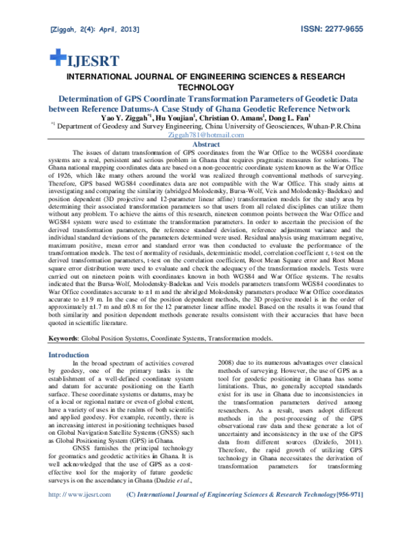 Pdf Determination Of Gps Coordinate Transformation Parameters Of