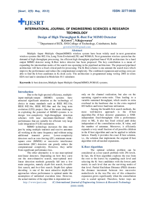 Pdf Design Of High Throughput K Best For Mimo Detector