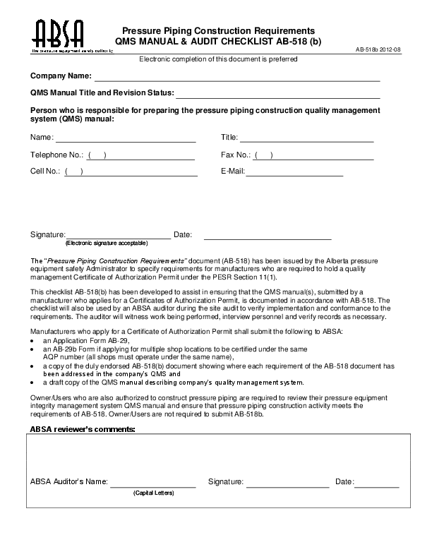 (DOC) AB-518b Quality Manual and Audit Checklist