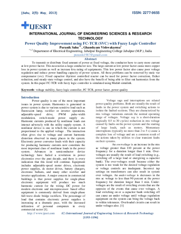 Pdf Power Quality Improvement Using Fc Tcr Svc With Fuzzy Logic Controller