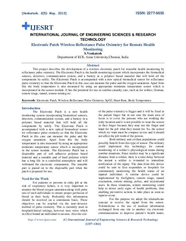Pdf Electronic Patch Wireless Reflectance Pulse Oximetry For Remote