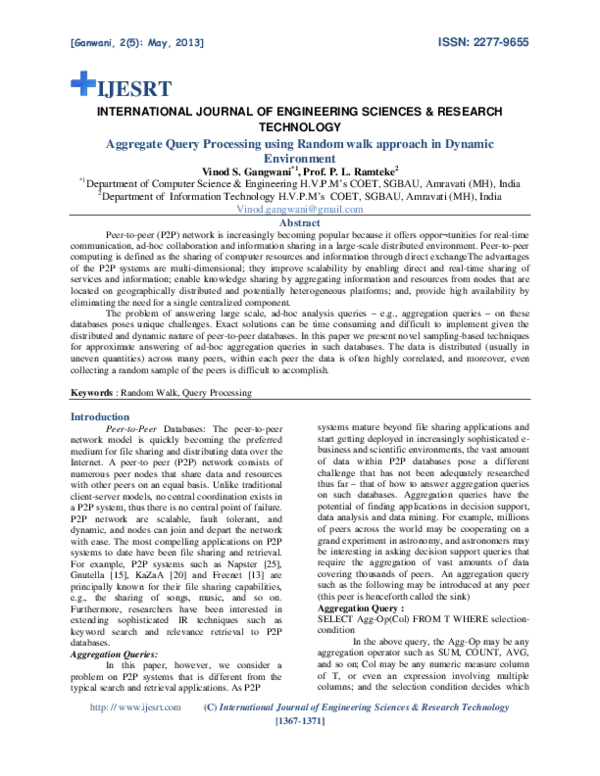 (PDF) Aggregate Query Processing using Random walk approach in Dynamic Environment.
