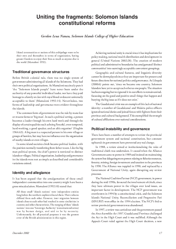 (PDF) Uniting the fragments: Solomon Islands constitutional reforms