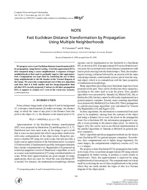 Pdf Fast Euclidean Distance Transformation By Propagation Using Multiple Neighborhoods