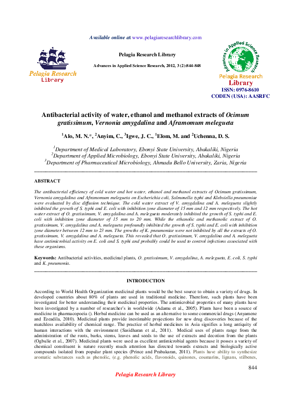 (PDF) Antibacterial activity of water, ethanol and methanol extracts of Ocimum gratissimum ...