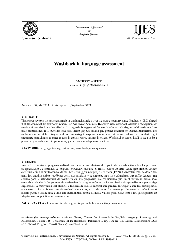 (PDF) Washback in language assessment