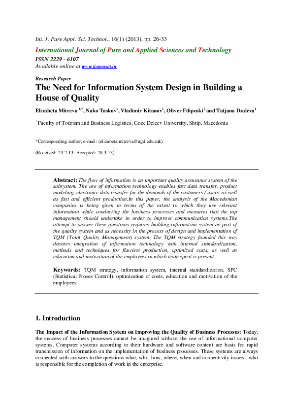 (PDF) The Need for Information System Design in Building a House of Quality