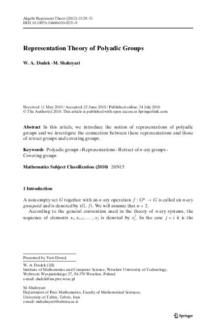 (PDF) Representation Theory of Polyadic Groups