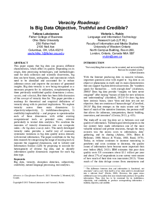 (PDF) Veracity Roadmap: Is Big Data Objective, Truthful and Credible?