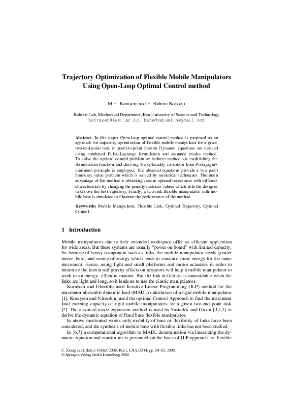 Pdf Trajectory Optimization Of Flexible Mobile Manipulators Using Open Loop Optimal Control Method