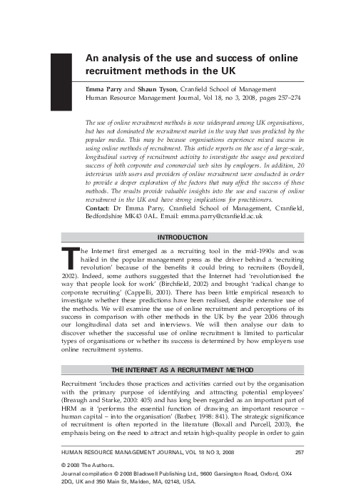 (PDF) An analysis of the use and success of online recruitment methods ...