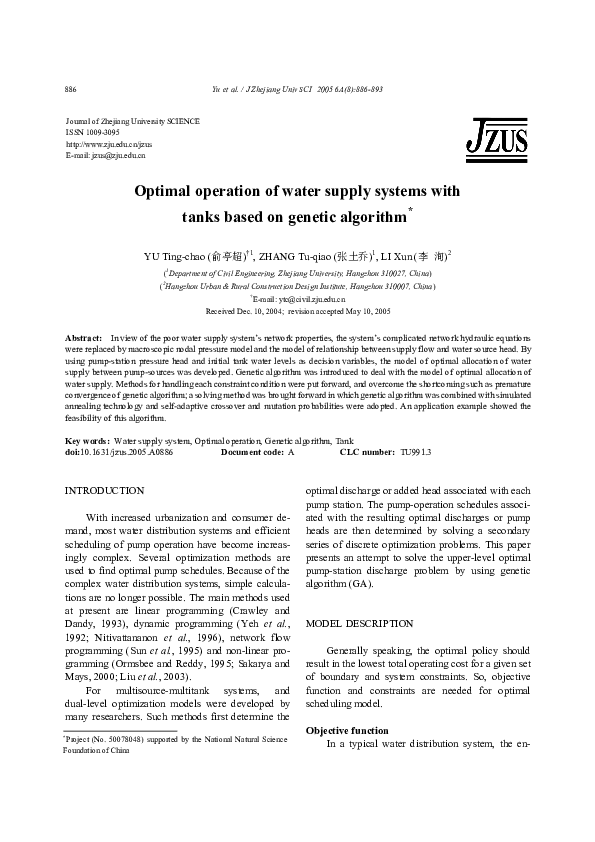 (PDF) Optimal operation of water supply systems with tanks based on genetic algorithm